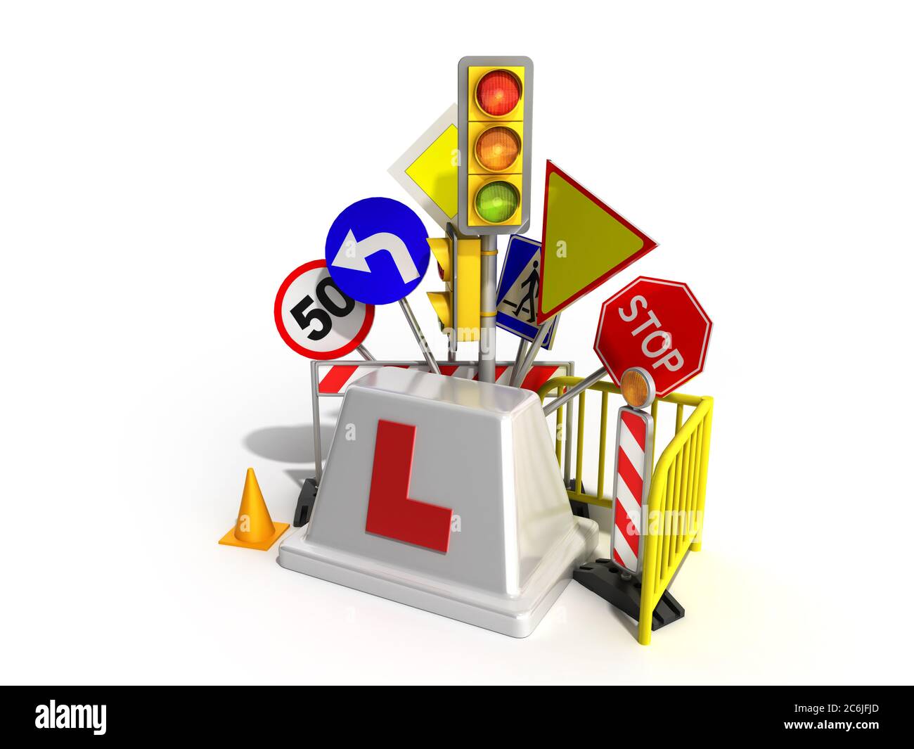 concept of driver school logo road signs traffic lights fencing 3d ...