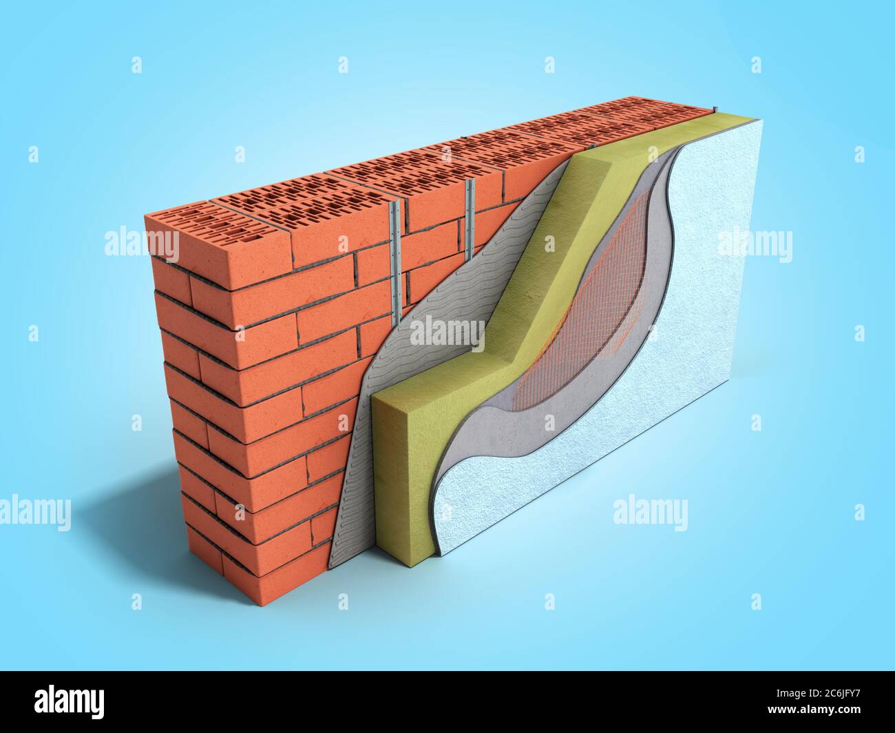 Layered brick wall thermal insulation concept 3d render on blue ...