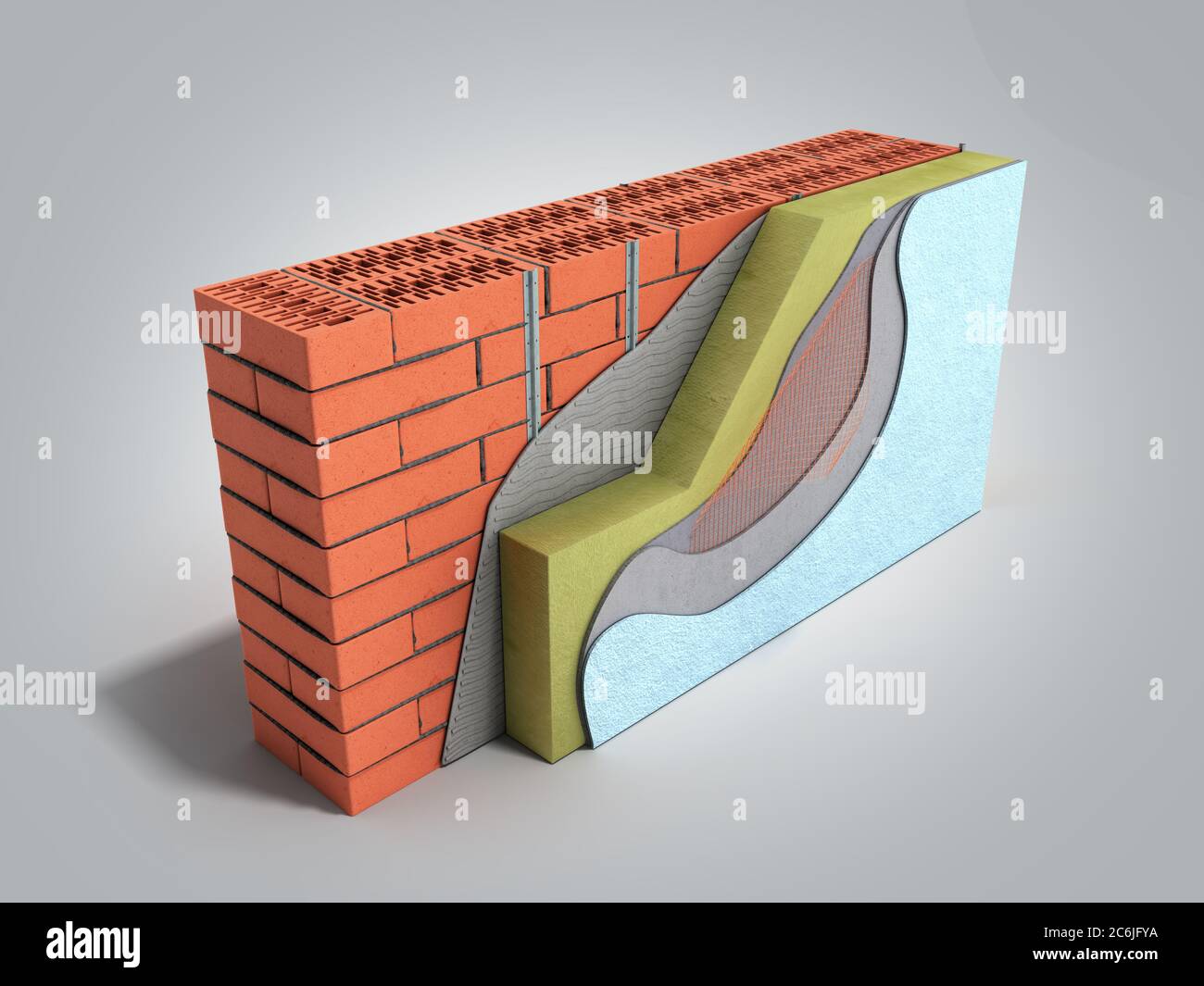 Layered brick wall thermal insulation concept 3d render on grey ...