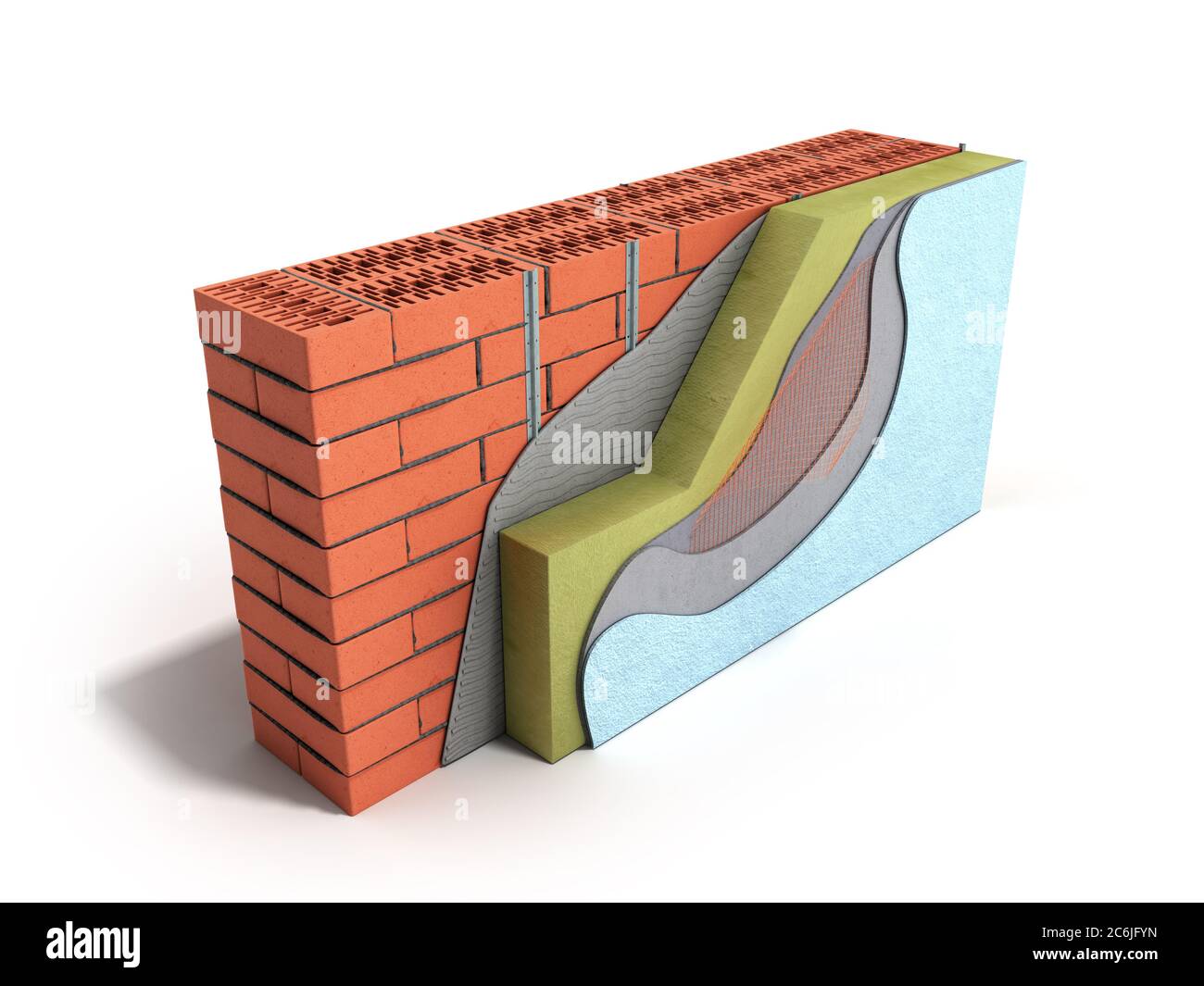 Layered brick wall thermal insulation concept 3d render on white ...