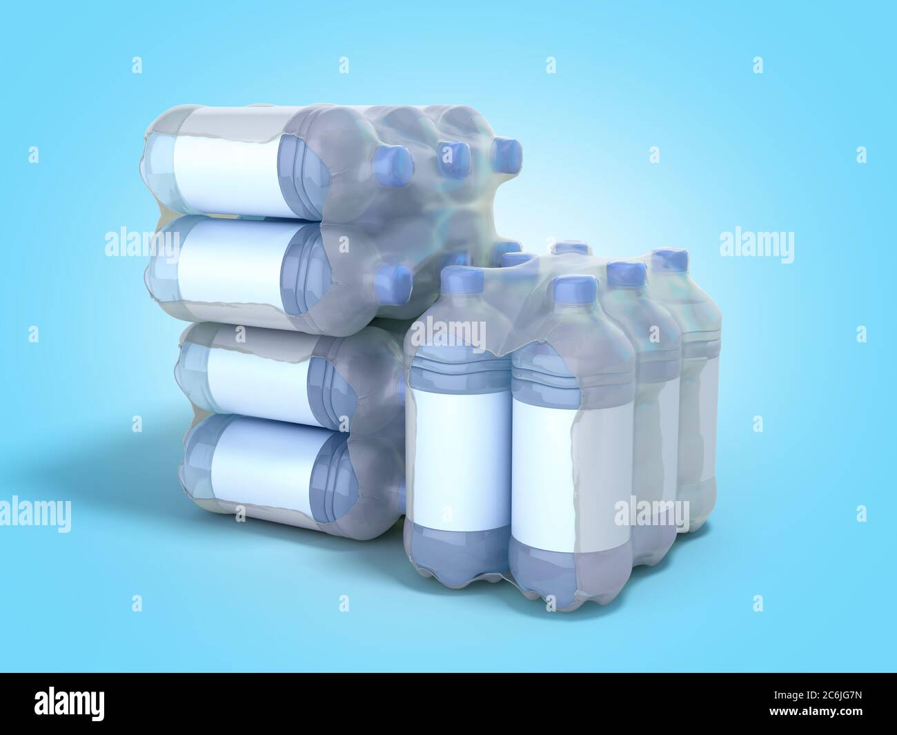 stack of pat bottles in wrapped package 3d render on blue gradient ...