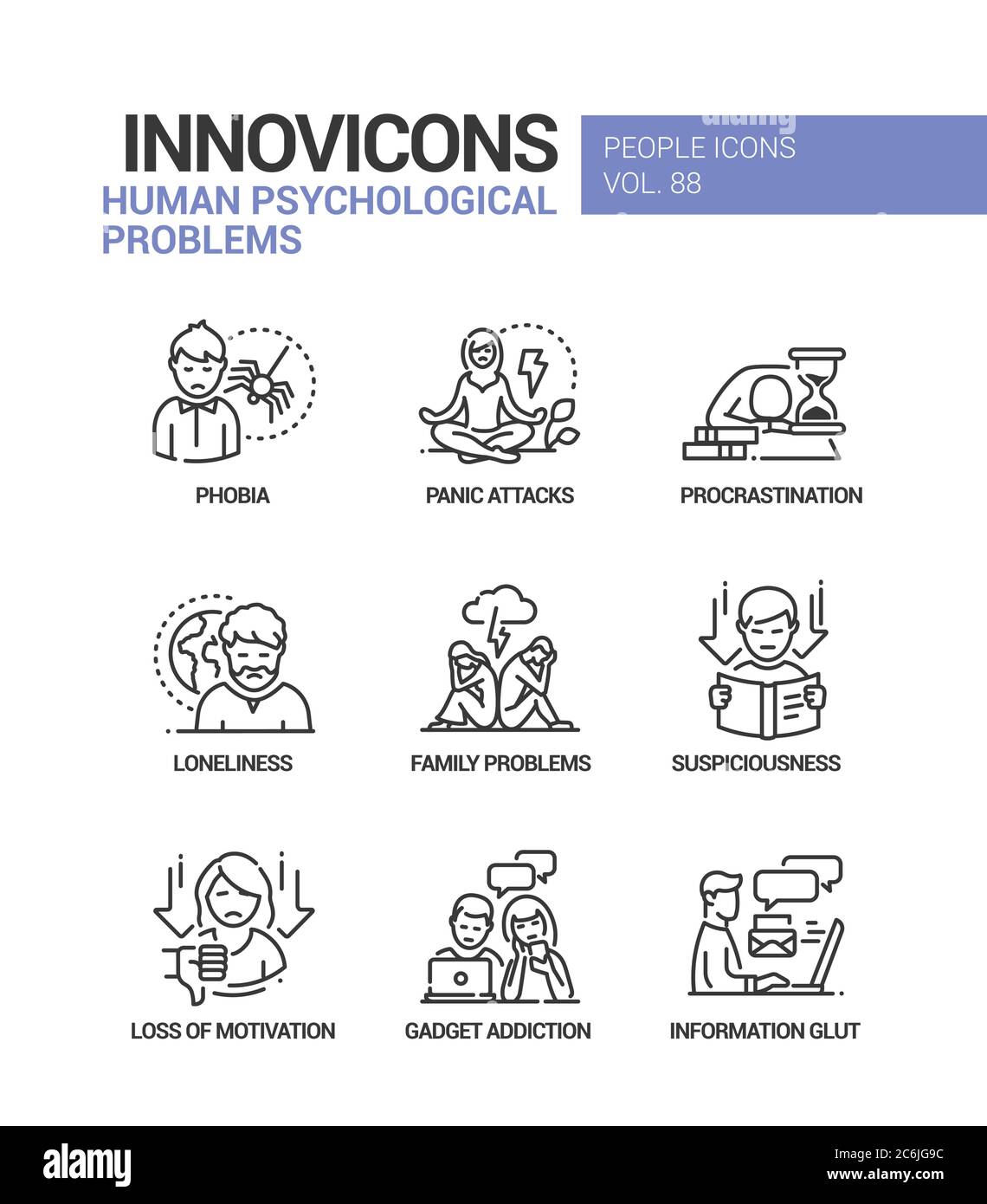 Human psychological problems line design style icons set Stock Vector ...