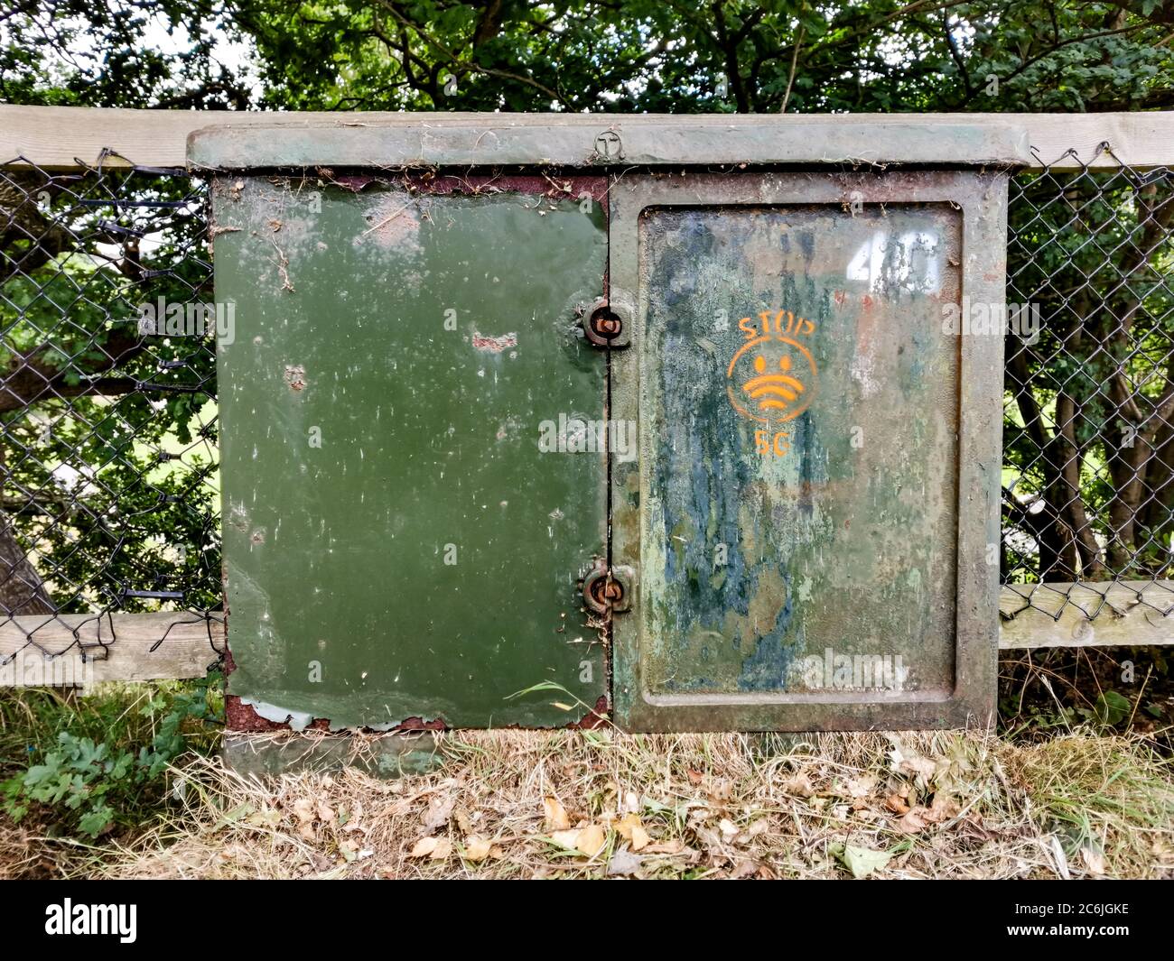 Poole, UK. 10th July, 2020. Anti-5G graffiti is sprayed on numerous ...