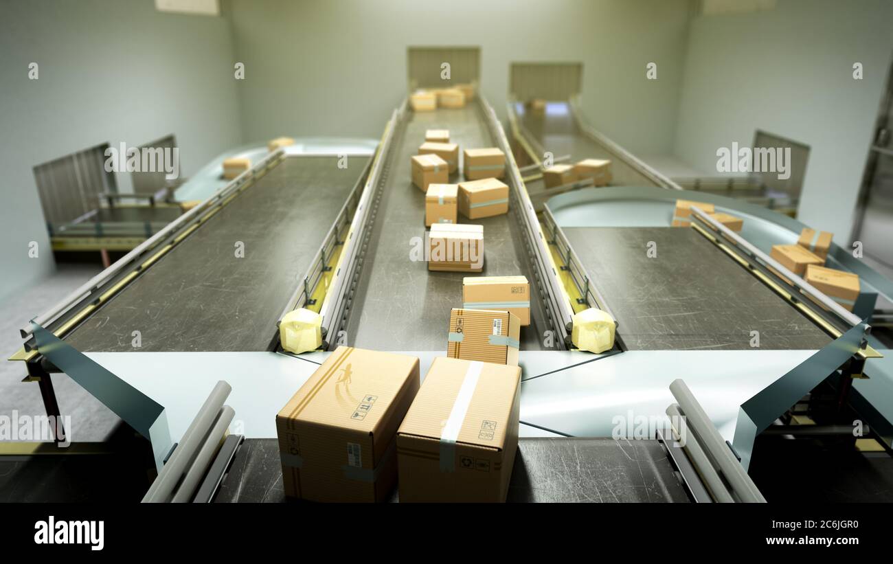 modern sorting system conveyor concept cardboard boxes on conveyor 3d ...