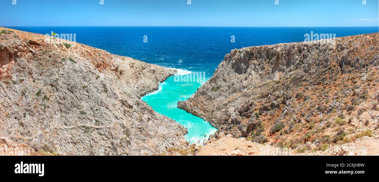 Seitan limania beach on Crete, Greece. Travel tourism wide panorama ...