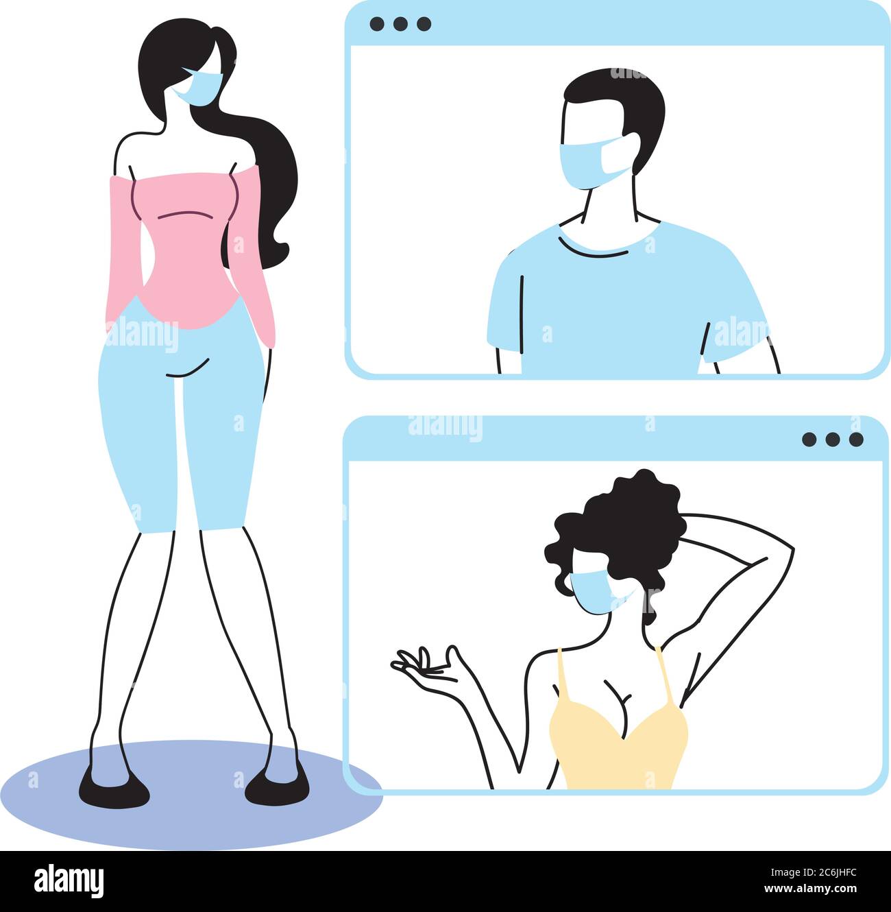 people with masks communicating by video call vector illustration ...