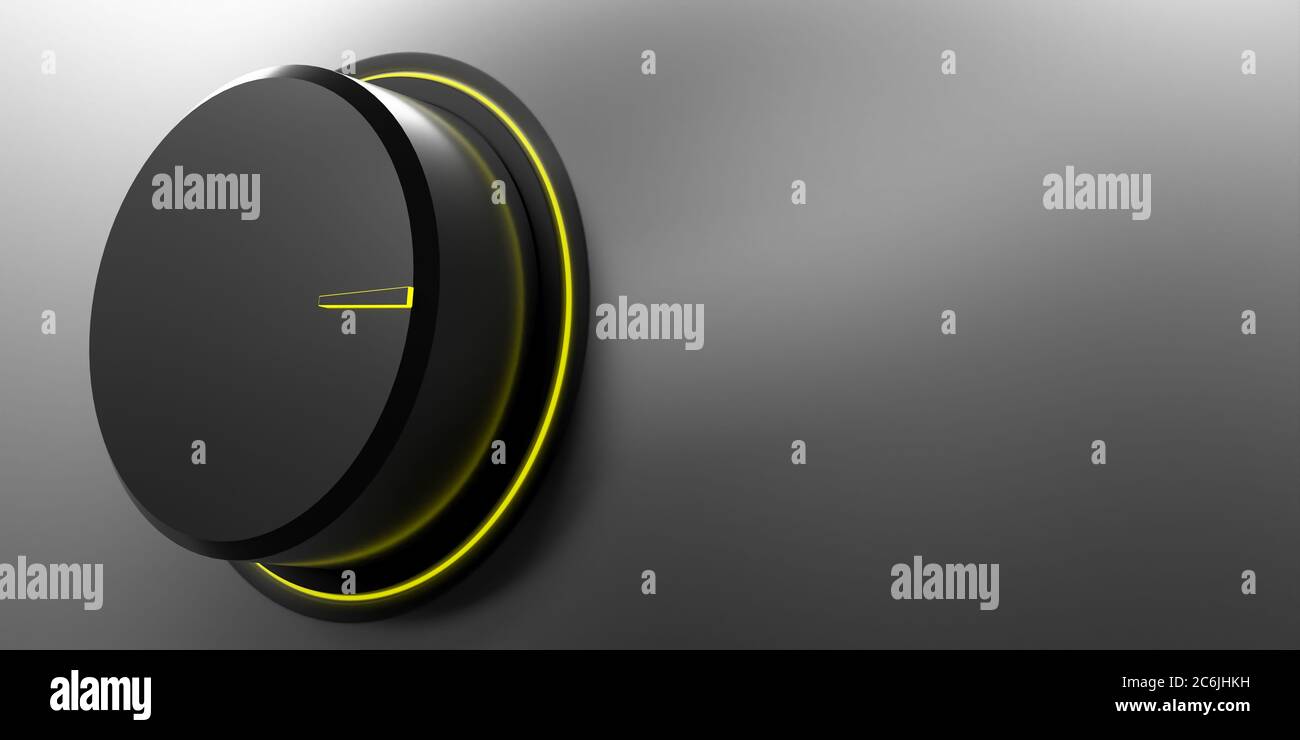 Knob in black color and yellow scale for rotary switch isolated on grey ...
