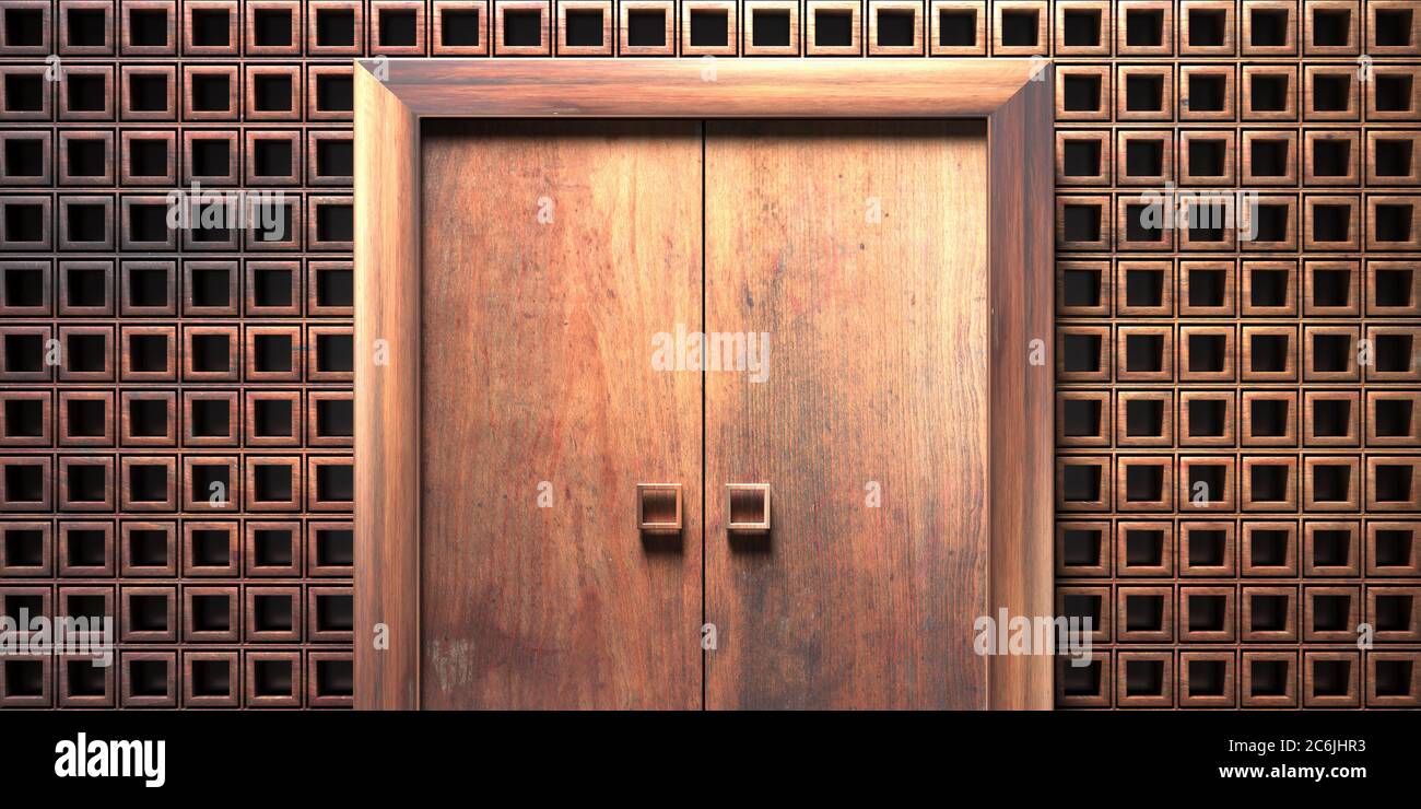 Wooden entrance door on geometric square shape pattern background ...