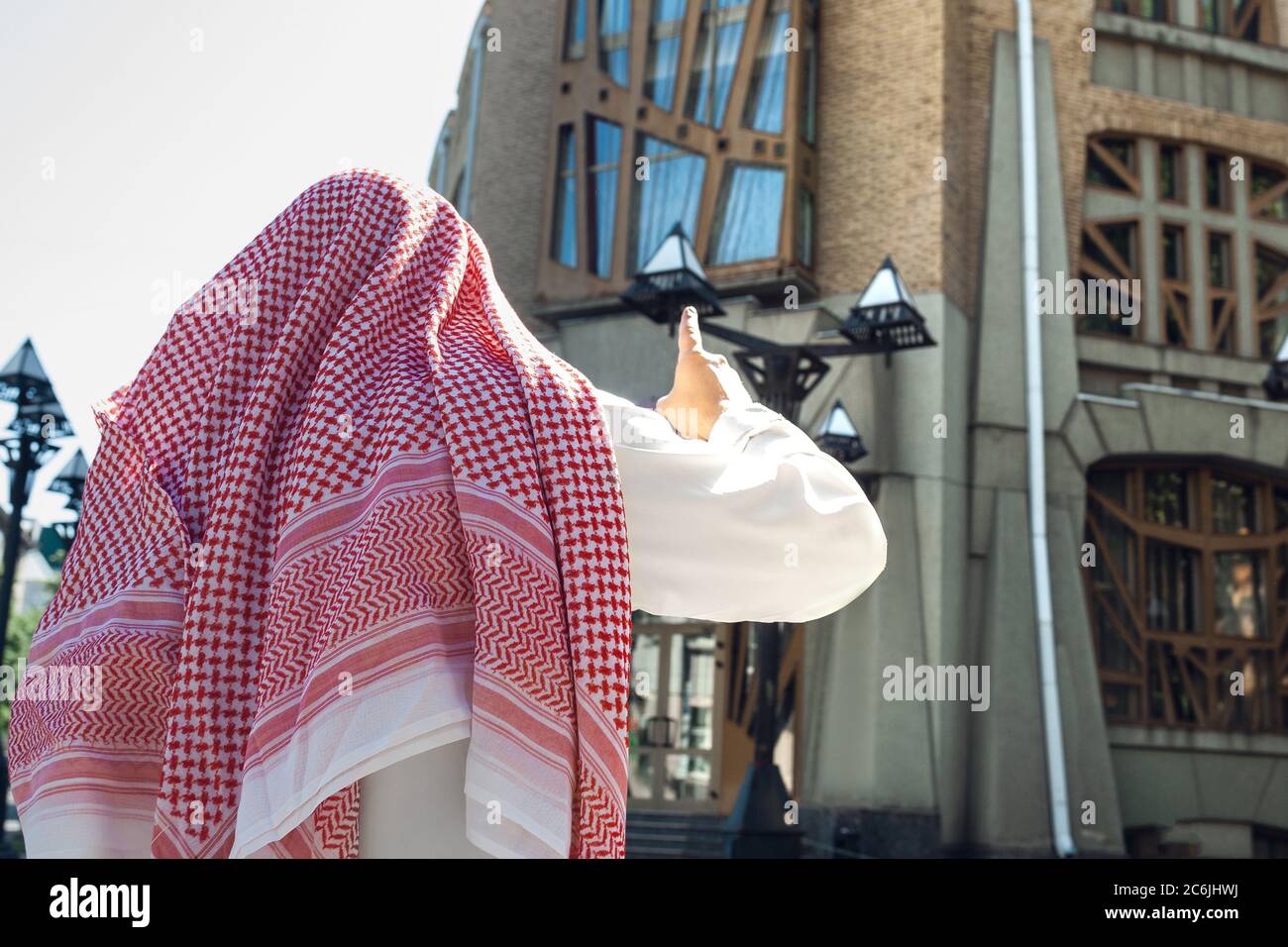 Rich arabian man's portrait during buying real estate, hotel in city ...