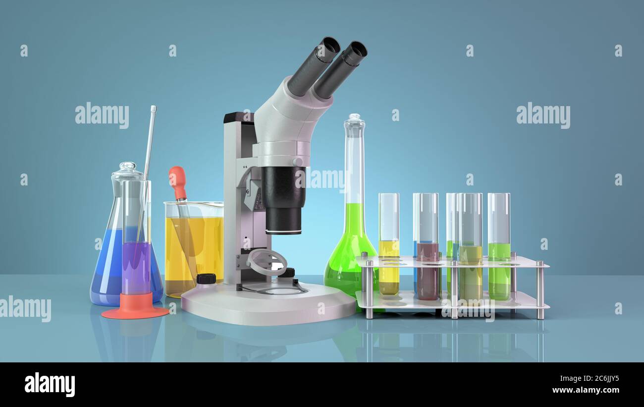 test tubes and flasks with reagents stand next to the microscope on the ...