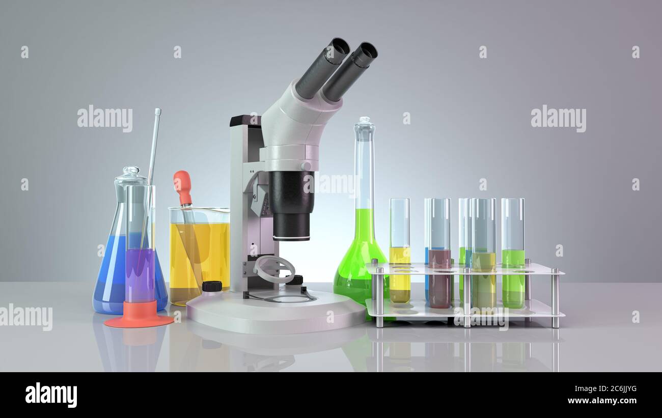 test tubes and flasks with reagents stand next to the microscope on the ...