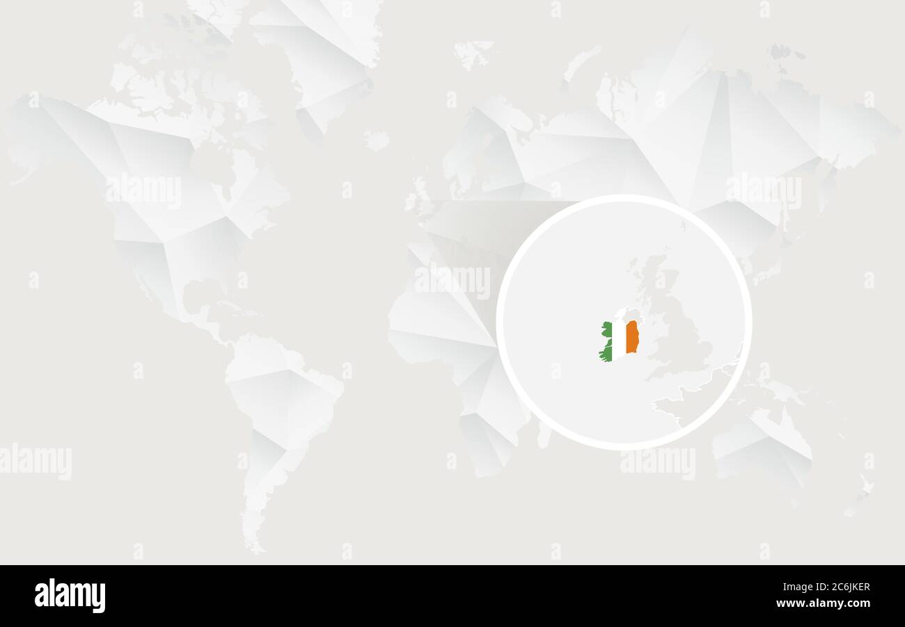 Ireland map with flag in contour on white polygonal World Map. Vector ...