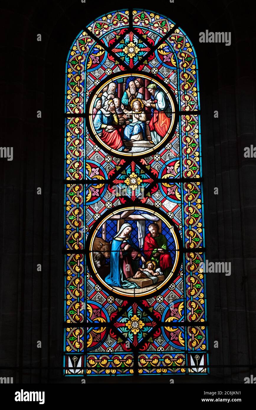 Basel, BL / Switzerland - 8 July 2020: detail view of the stained glass ...