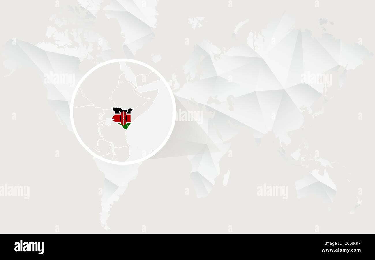 Kenya map with flag in contour on white polygonal World Map. Vector ...
