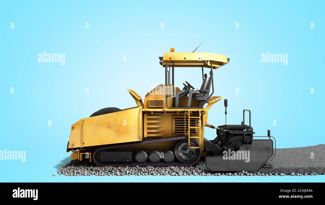 Yellow asphalt spreader machine lays asphalt 3d render on blue gradient ...