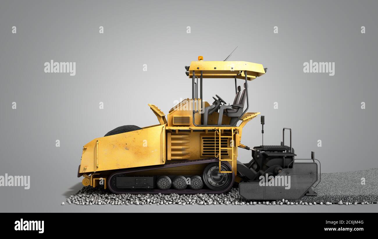 Yellow asphalt spreader machine lays asphalt 3d render on grey gradient ...