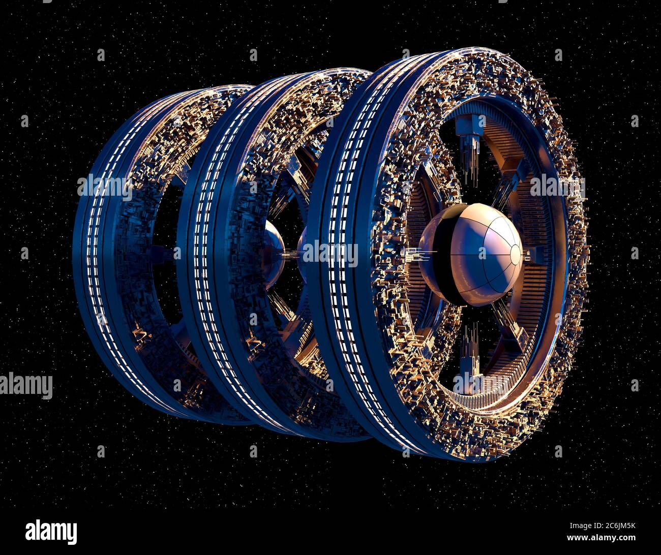 3D futuristic sky-city spaceship on a three wheel structure with the ...