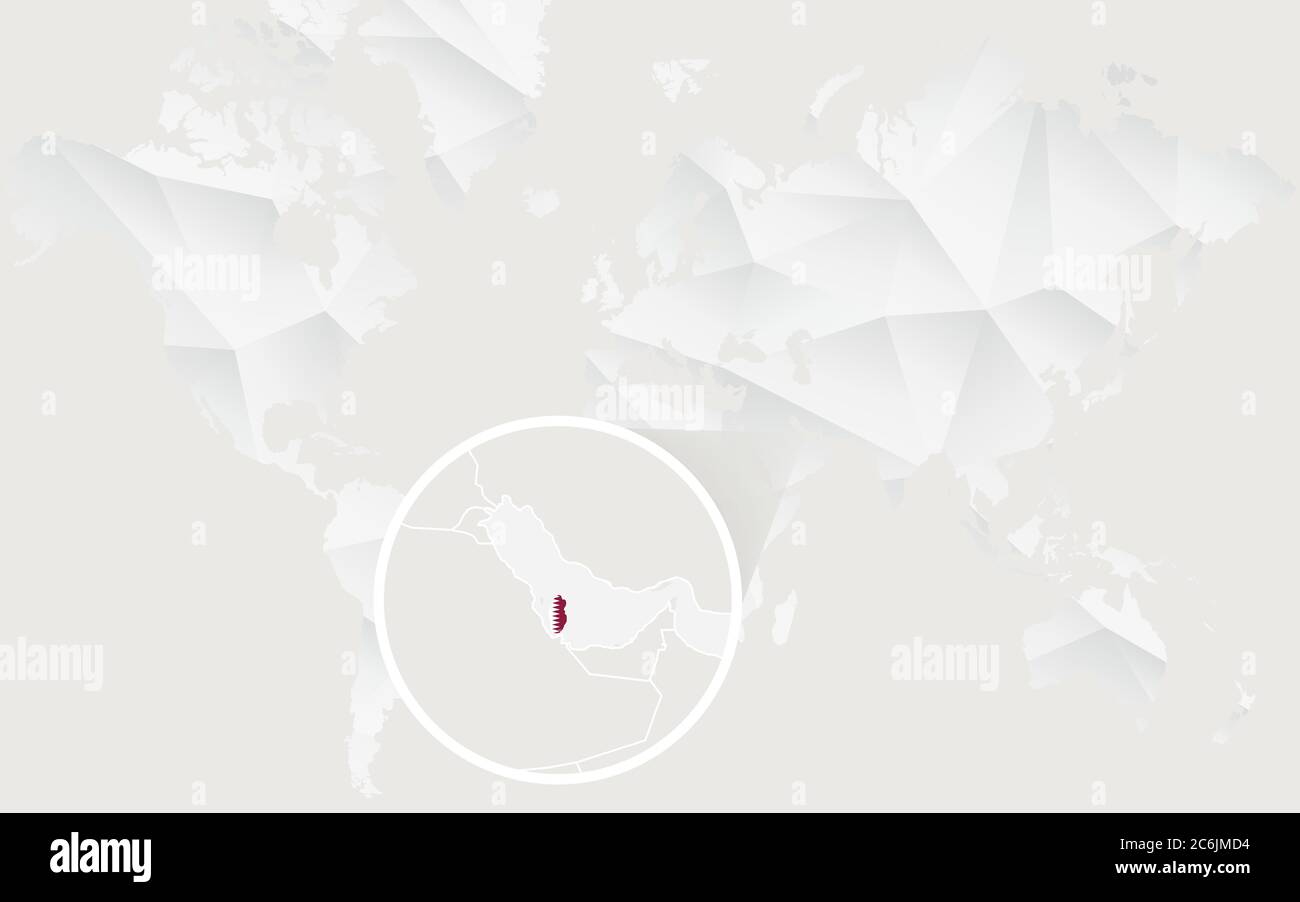 Qatar map with flag in contour on white polygonal World Map. Vector ...