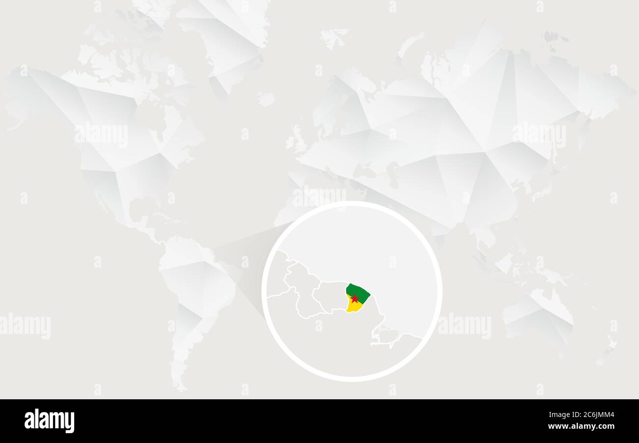 French Guiana map with flag in contour on white polygonal World Map ...