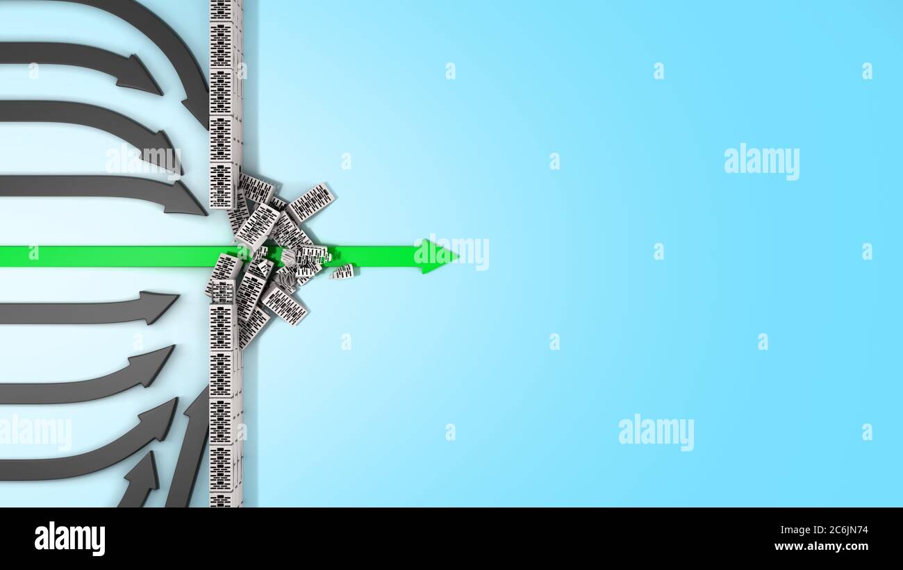obstacle management concept green arrow breaks through the wall 3d ...