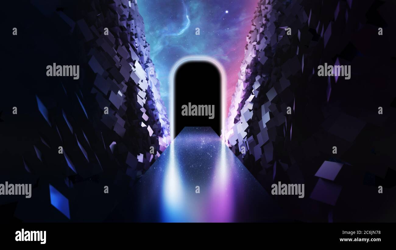 3d abstract neon background glowing rectangular portal in cyber space ...