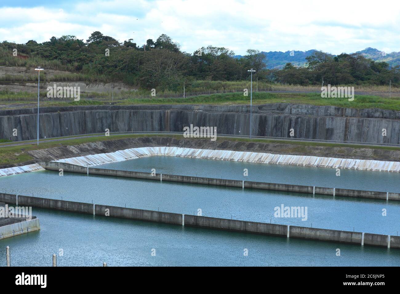 The first lock of the Panama canal from the Pacific ocean. The gateway ...