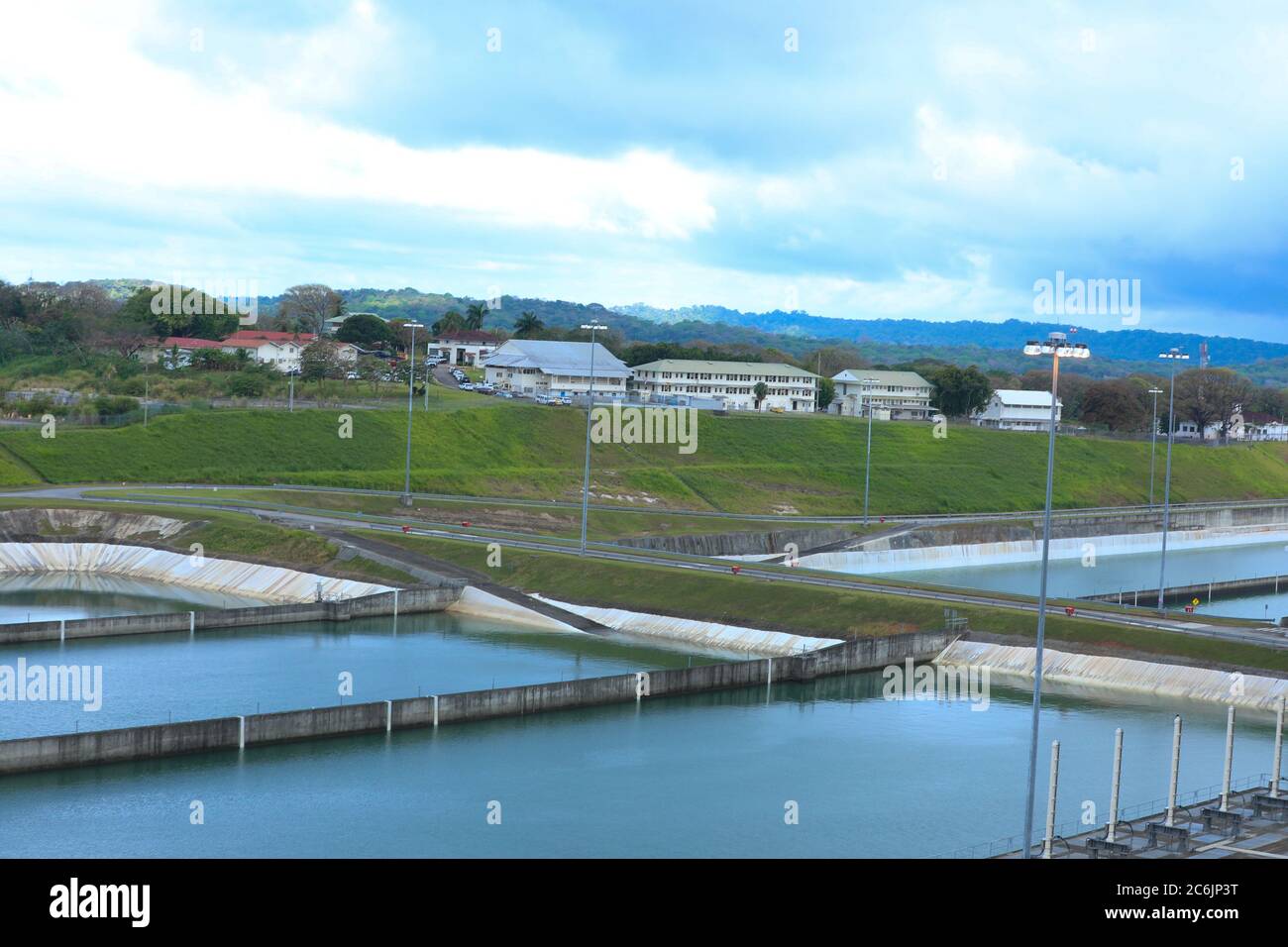 The first lock of the Panama canal from the Pacific ocean. The gateway ...