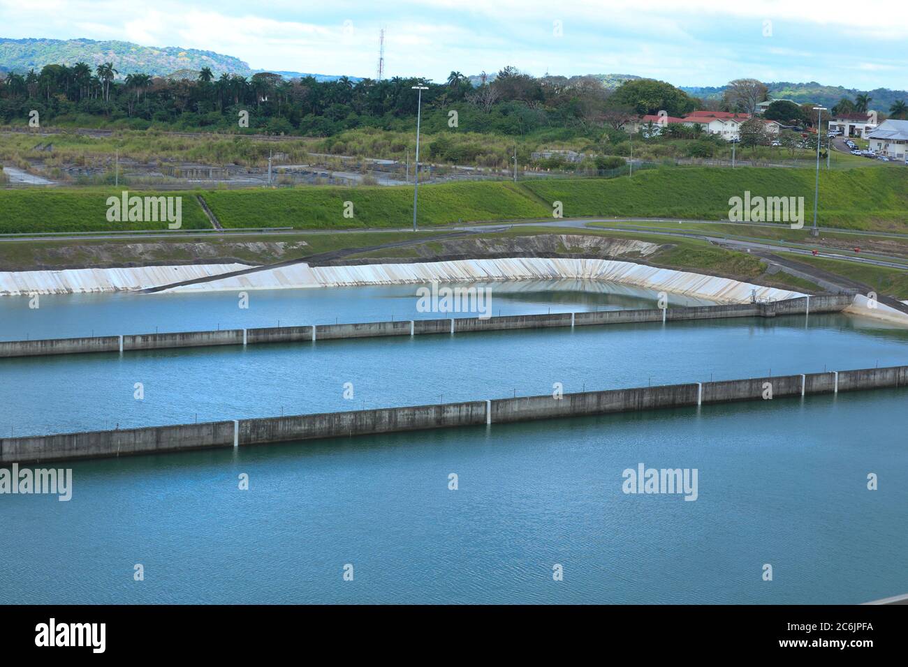 The first lock of the Panama canal from the Pacific ocean. The gateway ...