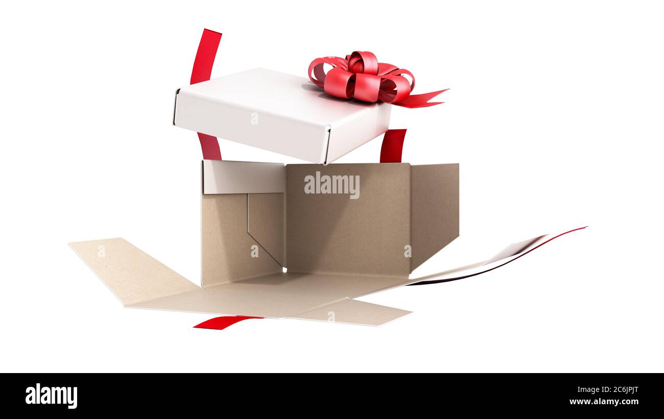White open Square Gift Box with Red Ribbon and Bow 3d render on white ...