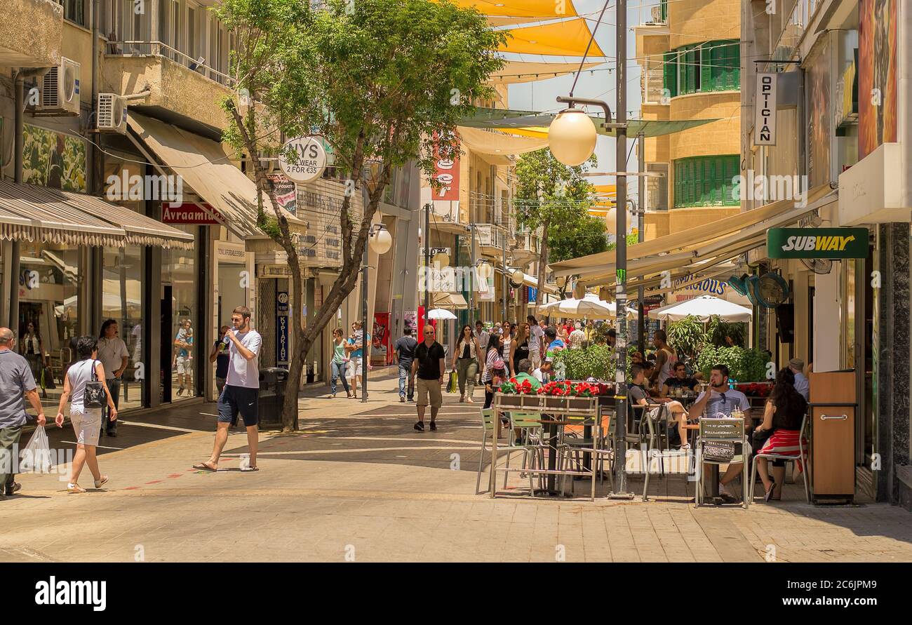 Nicosia, Cyprus - June 21, 2015 - One of the main shopping streets in ...