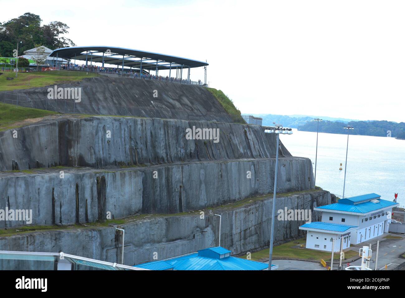 The first lock of the Panama canal from the Pacific ocean. The gateway ...