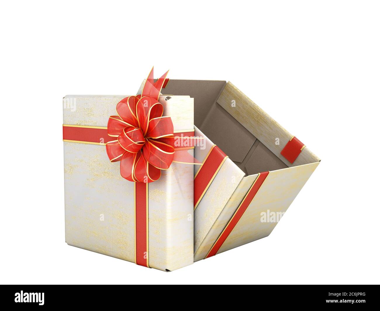 White open Square new year Gift Box with Red Ribbon and Bow 3d render ...