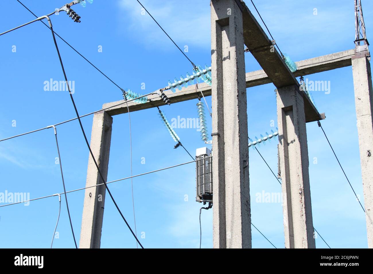 electric transformer on a concrete pillar. electricity concept Stock ...