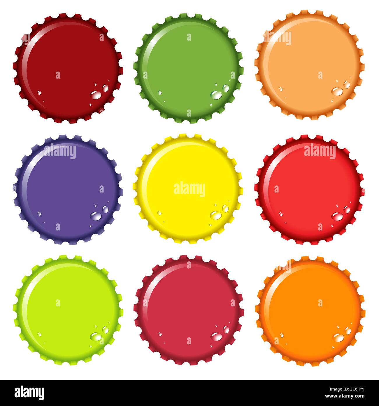 A vector illustration of metal bottle tops in various colours, with ...