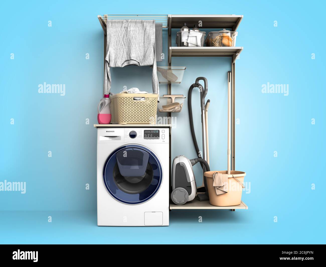Washing machine and clothes 3d render on blue gradient background Stock ...