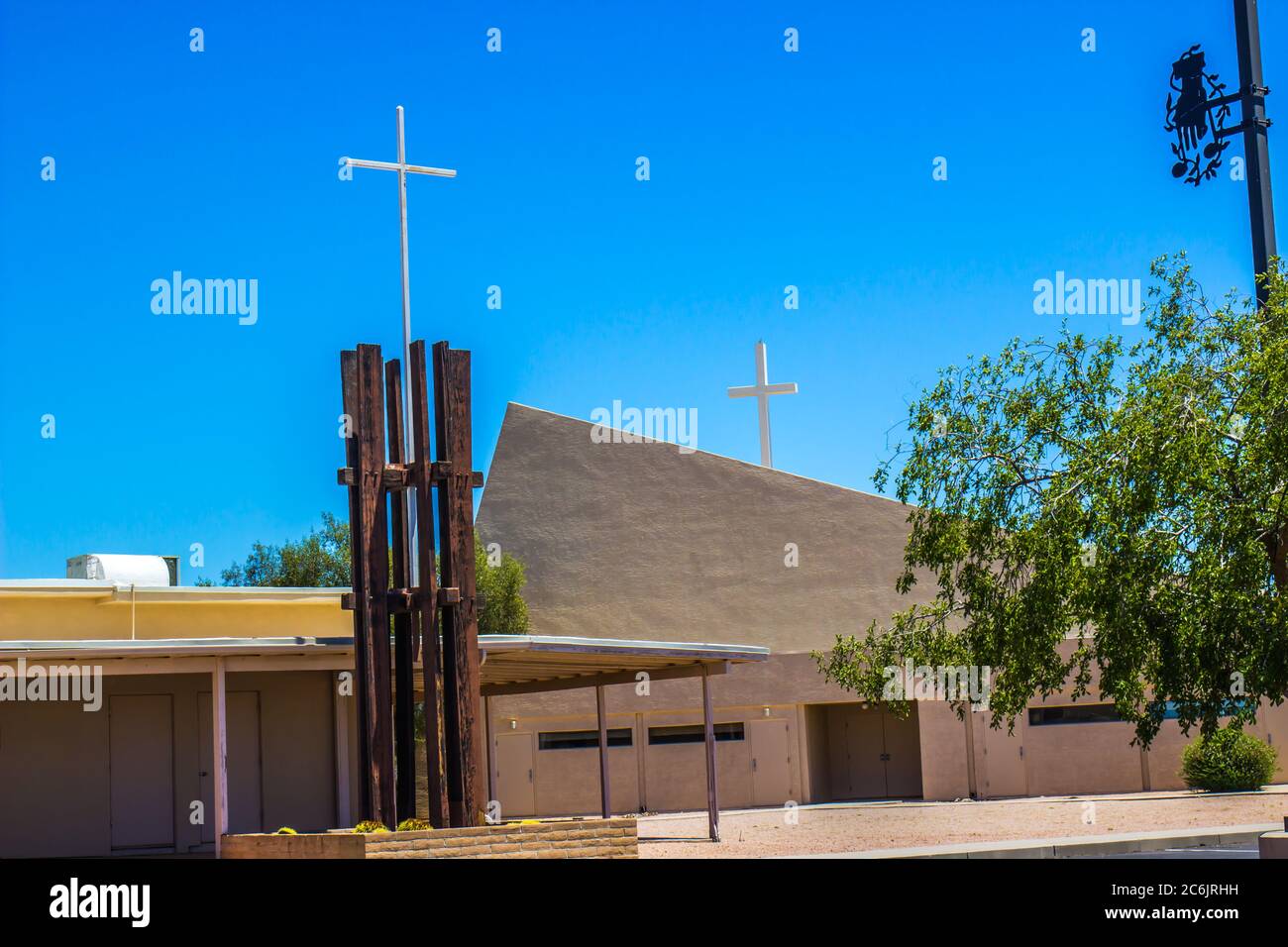 Exterior Of Desert Church With Multiple Crosses Stock Photo - Alamy