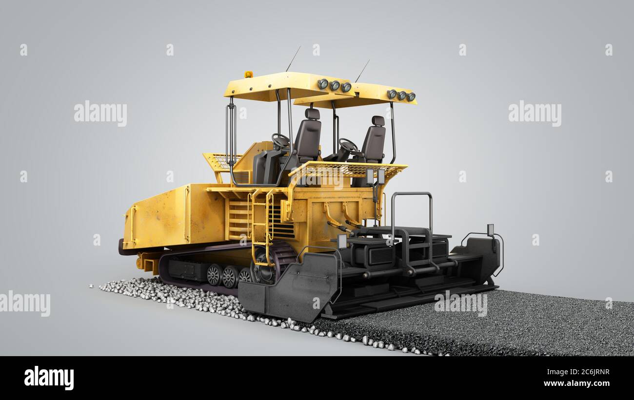 Yellow asphalt spreader machine lays asphalt 3d render on grey gradient ...