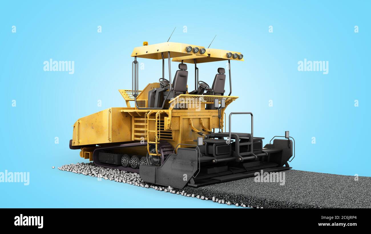 Yellow asphalt spreader machine lays asphalt 3d render on blue gradient ...