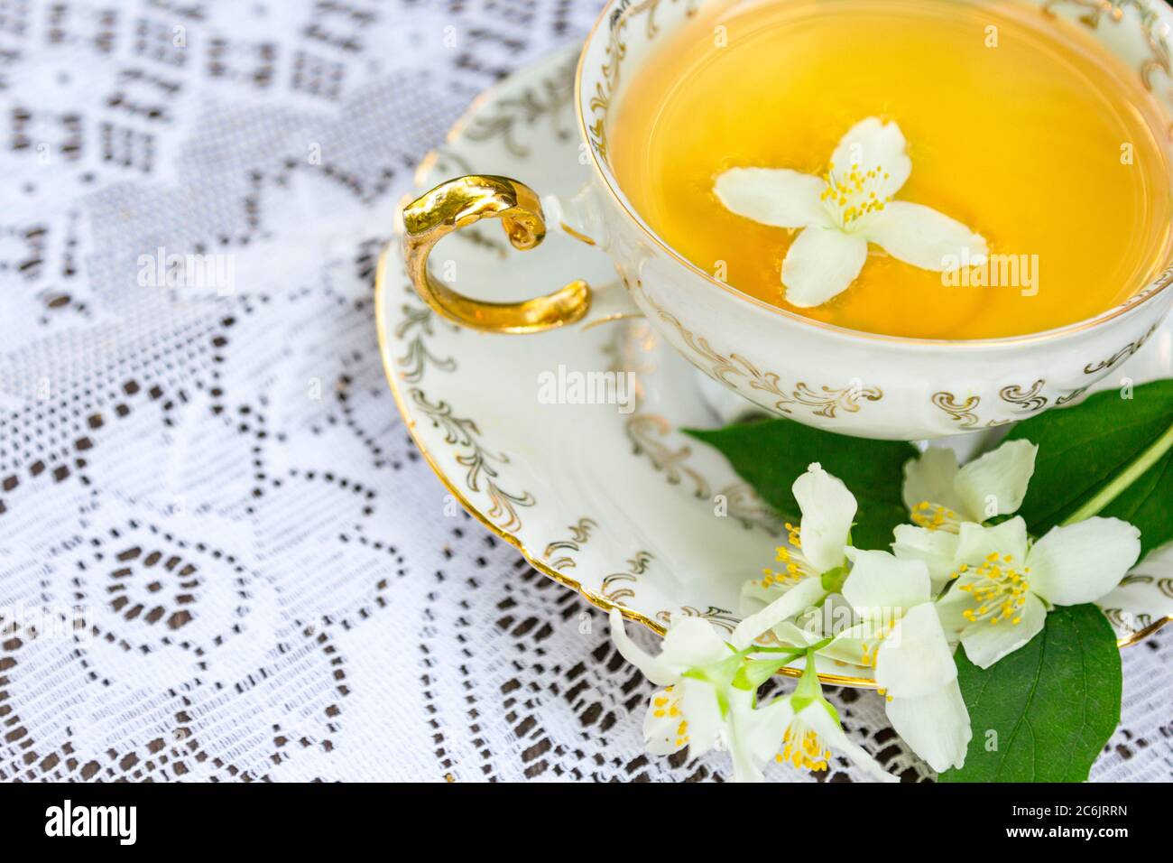 Jasmine tea in a porcelain Cup with jasmine herb flower on lace table ...