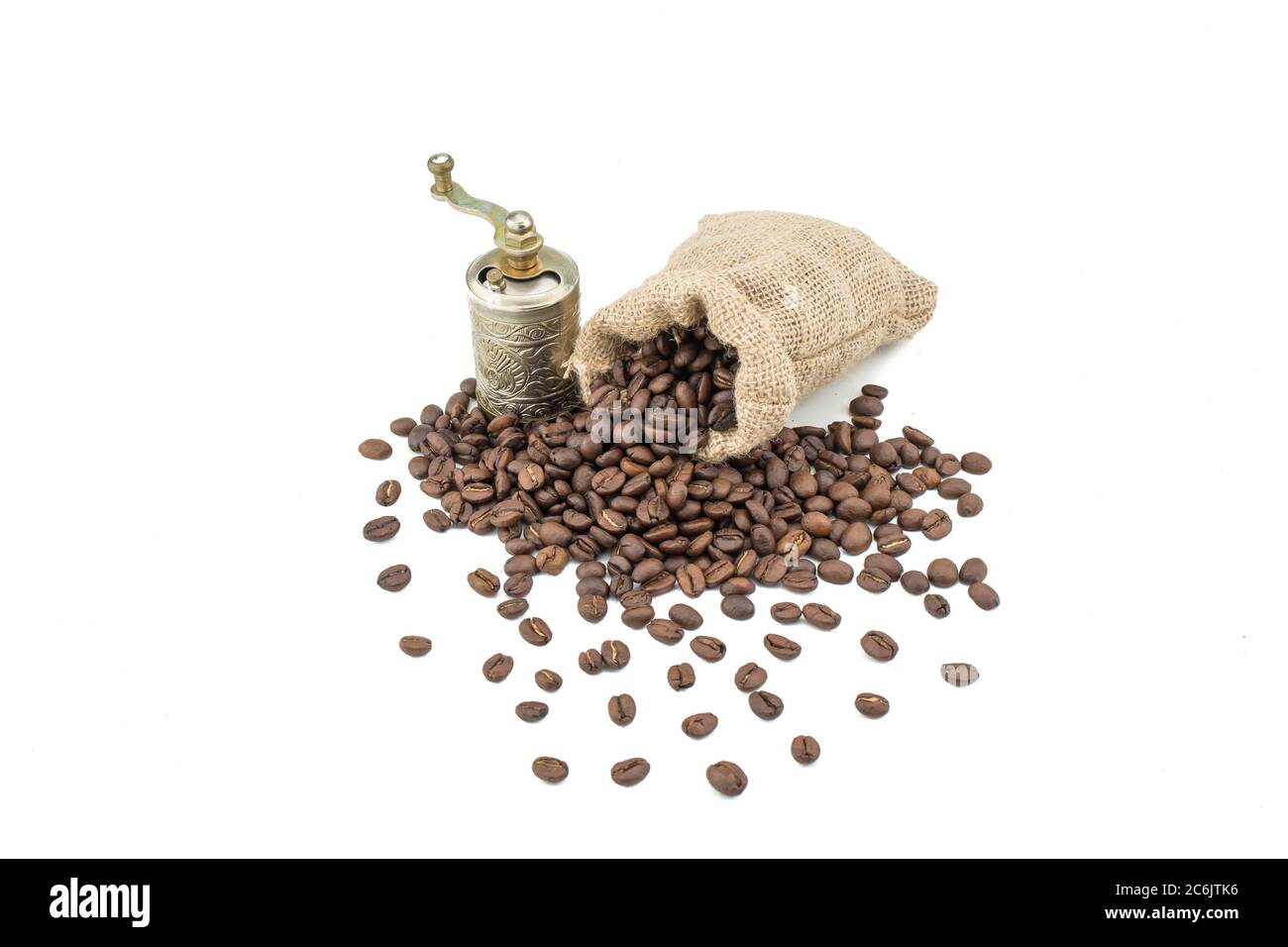 Coffee sack with beans and grinder. Isolated coffee bag on white ...
