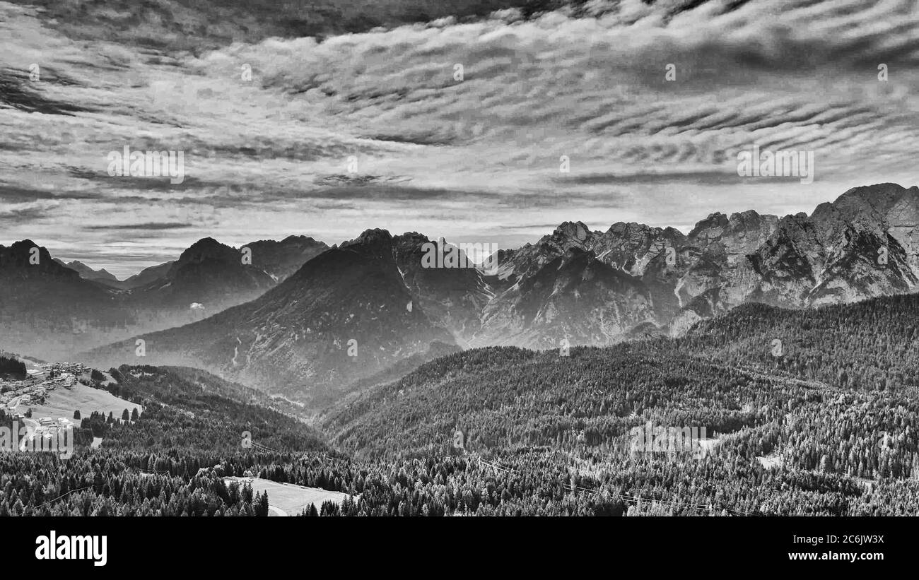 Alpin landscape with beautiful mountains in summertime, view from drone ...