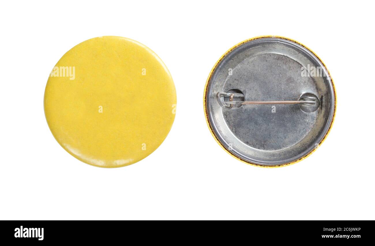 Yellow badge isolated on white. Pin button two sides Stock Photo - Alamy