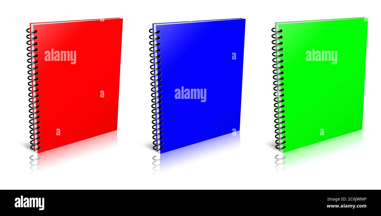 Empty spiral notebook RGB. Illustration 3D rendering. Isolated on white ...