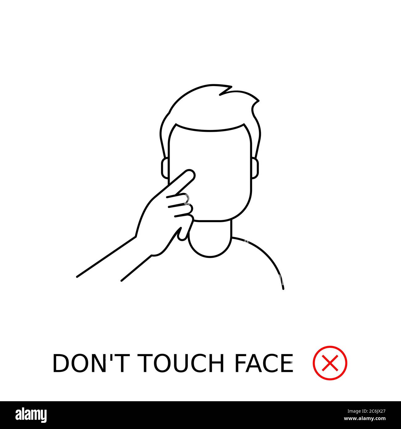 Don't touch face line icon. Man touches his face with warning message ...
