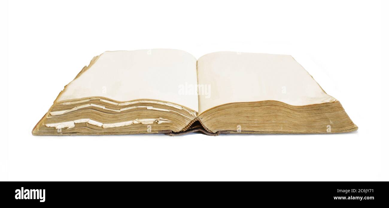Old stained book isolated on white background. Blank pages close-up ...