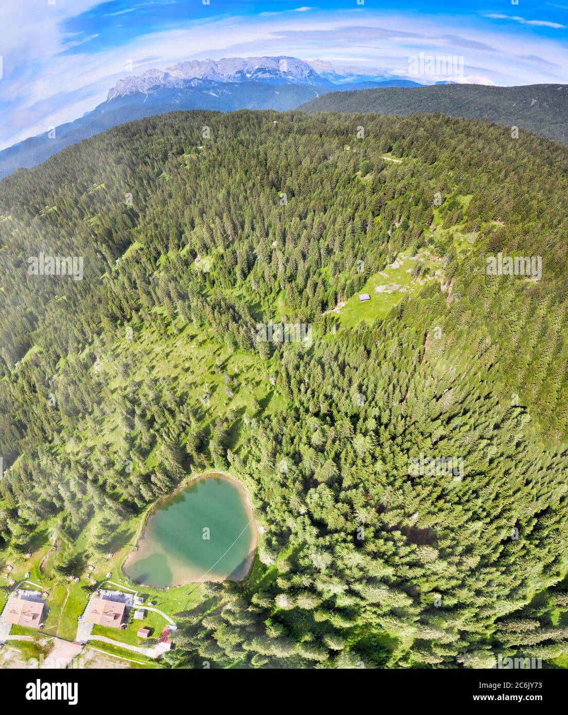 Alpin lake in summer time surrounded by beautiful forest, overhead ...