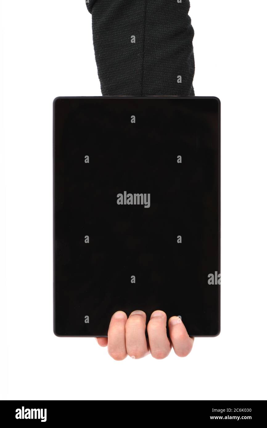 Hand holds tablet pc isolated on white background. High resolution ...