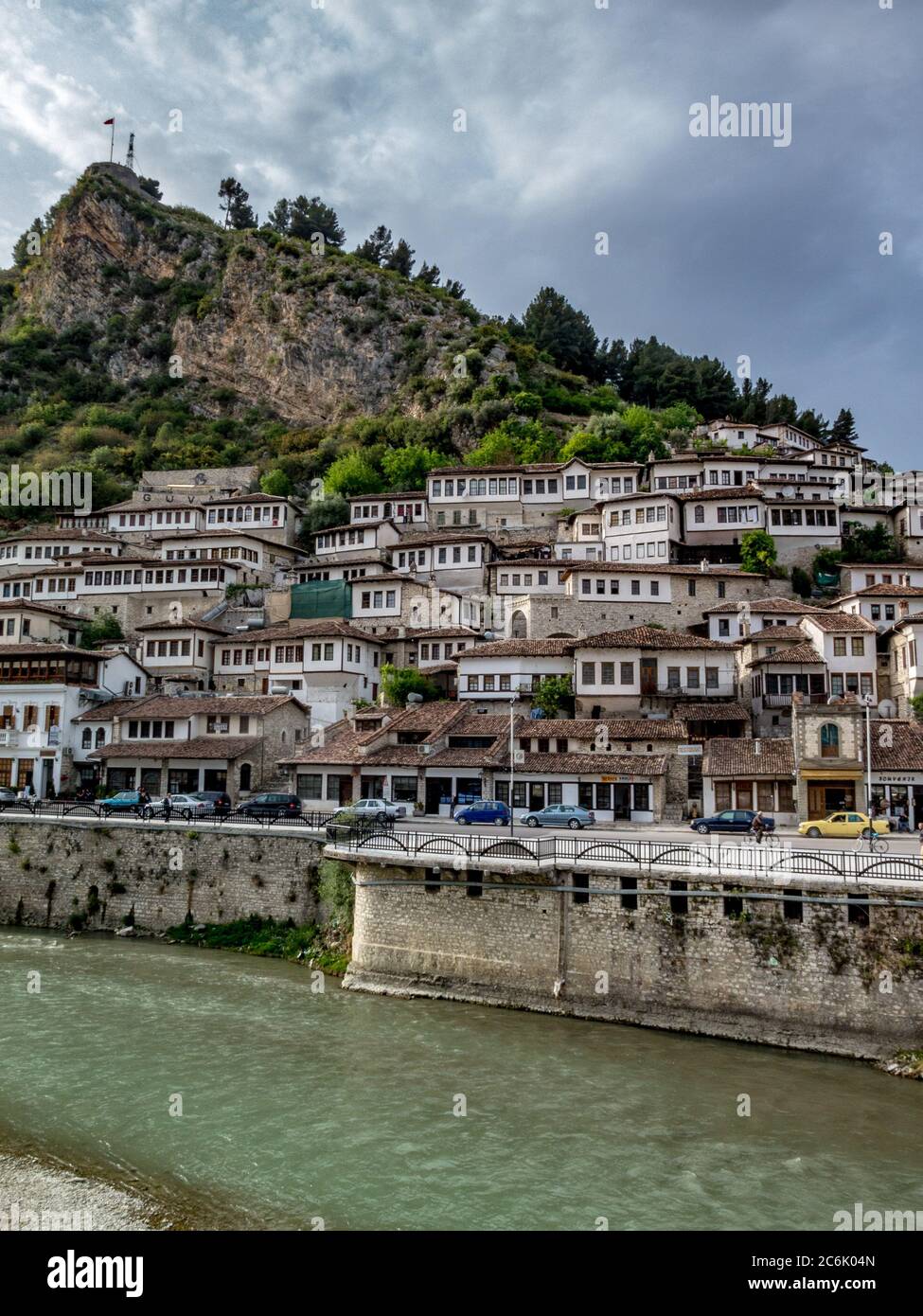 Historic hillside, terraced city of Berat, Albania, on the Osum River ...