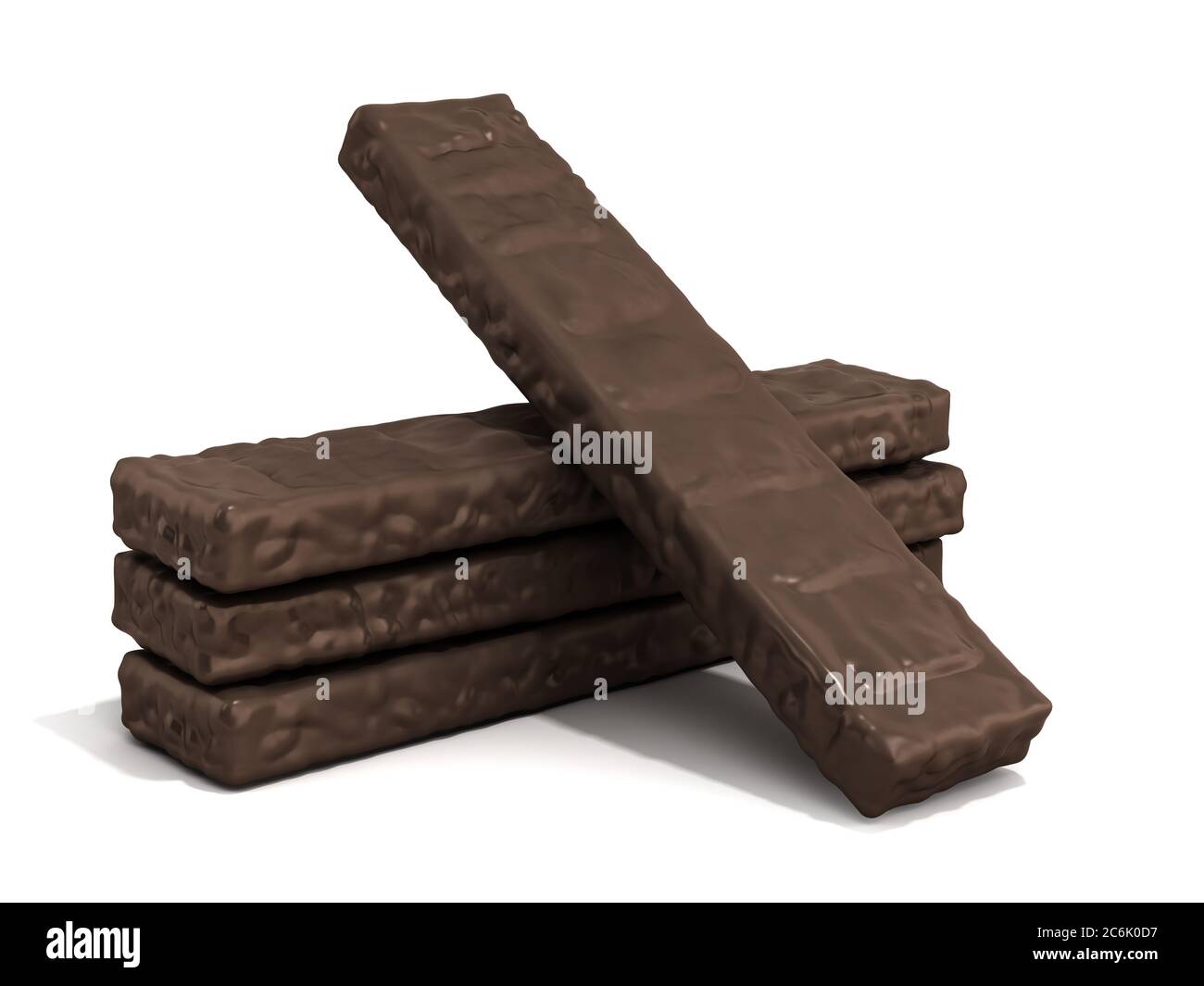 Four rectangle shape wafer biscuits in chocolate icing 3d render on ...
