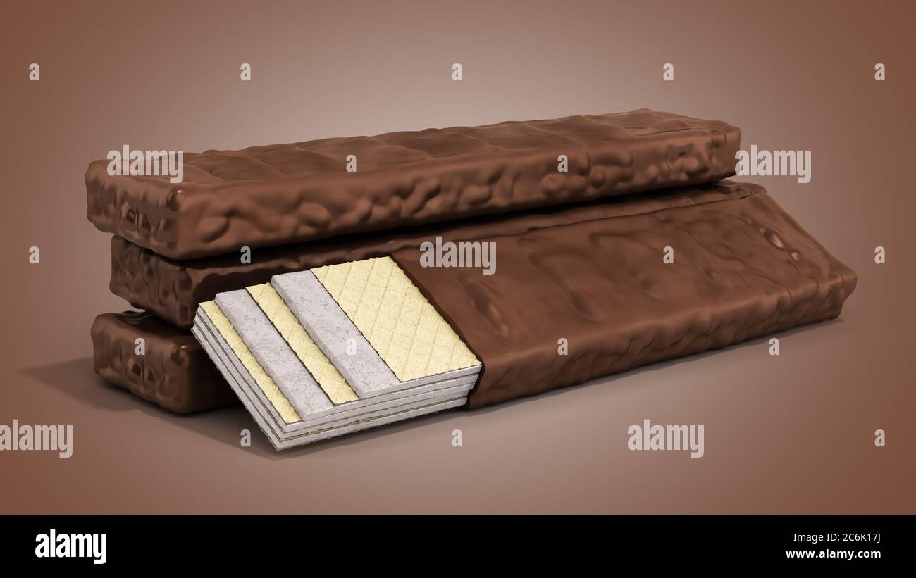 Four rectangle shape wafer biscuits in chocolate icing 3d render on ...